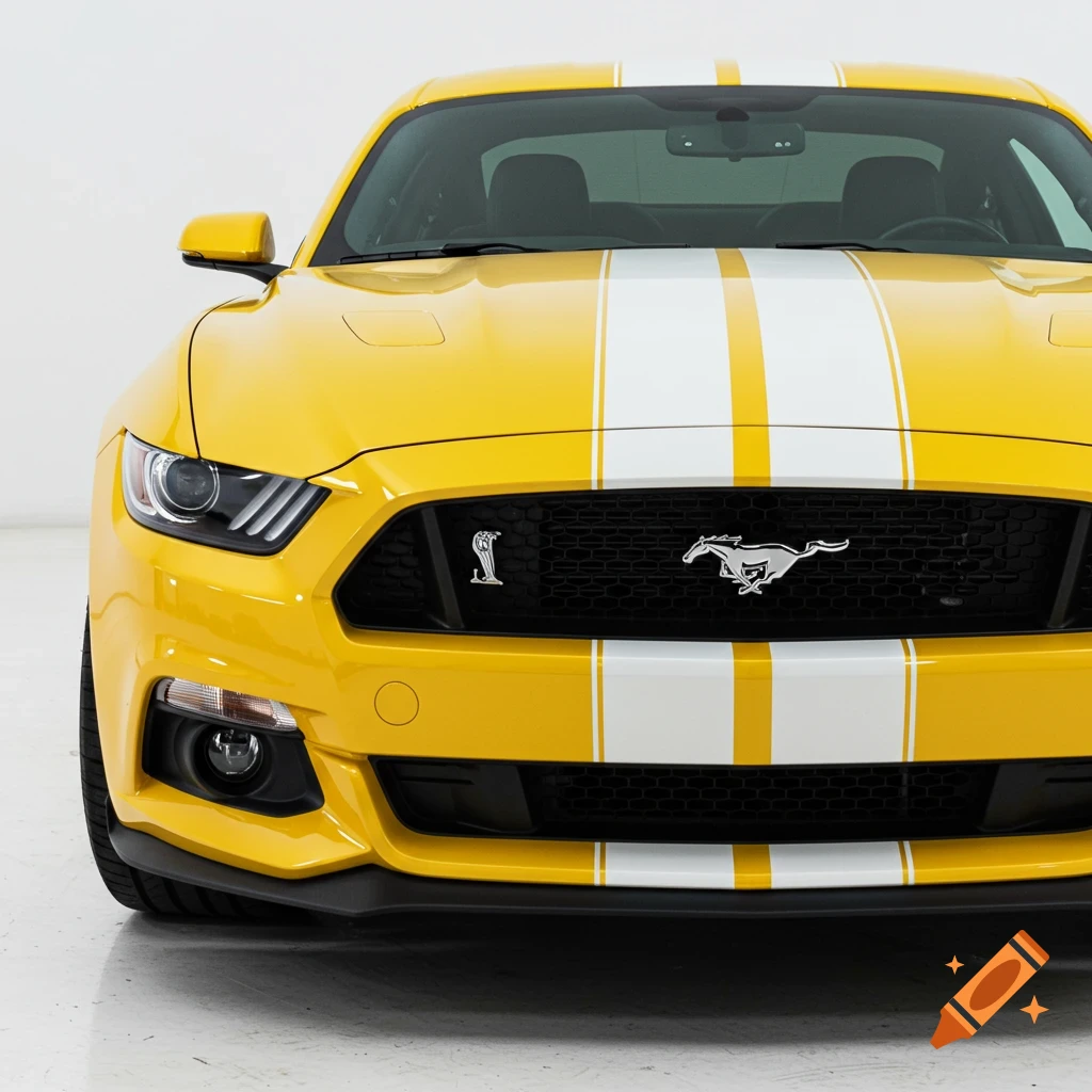 Yellow Ford Mustang with white racing stripes, front view on Craiyon