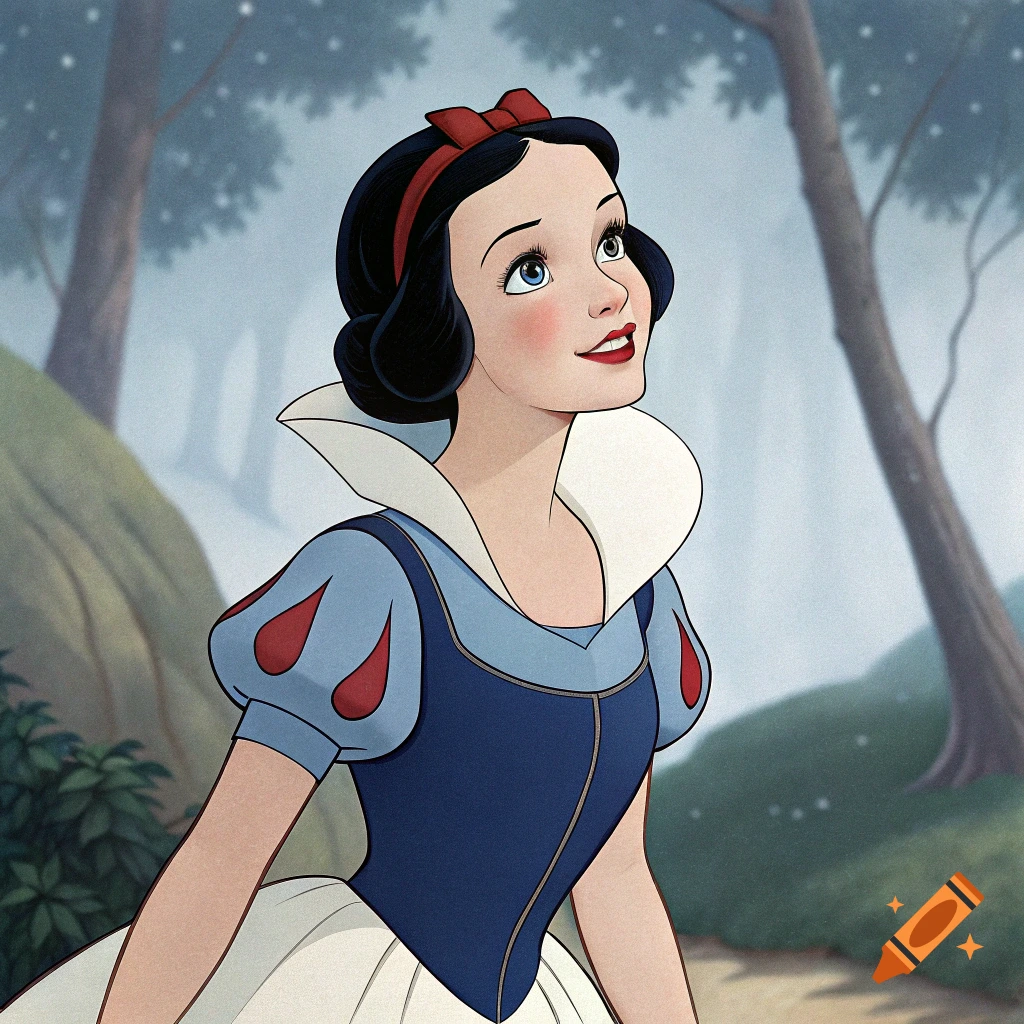 Snow White in a forest looking up, cartoon style on Craiyon