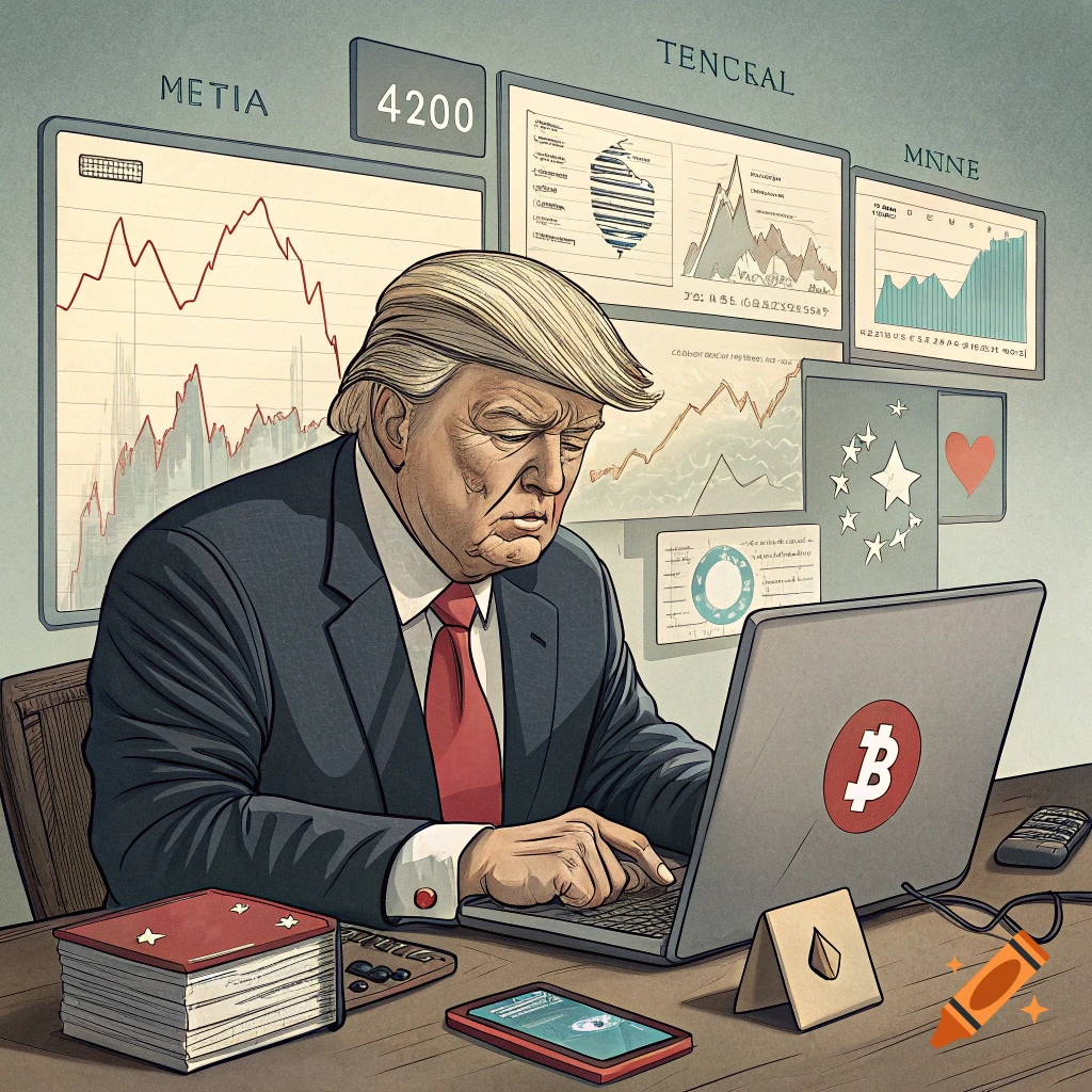 Caricature of Trump, Vance, and Elon discussing tariffs on Craiyon