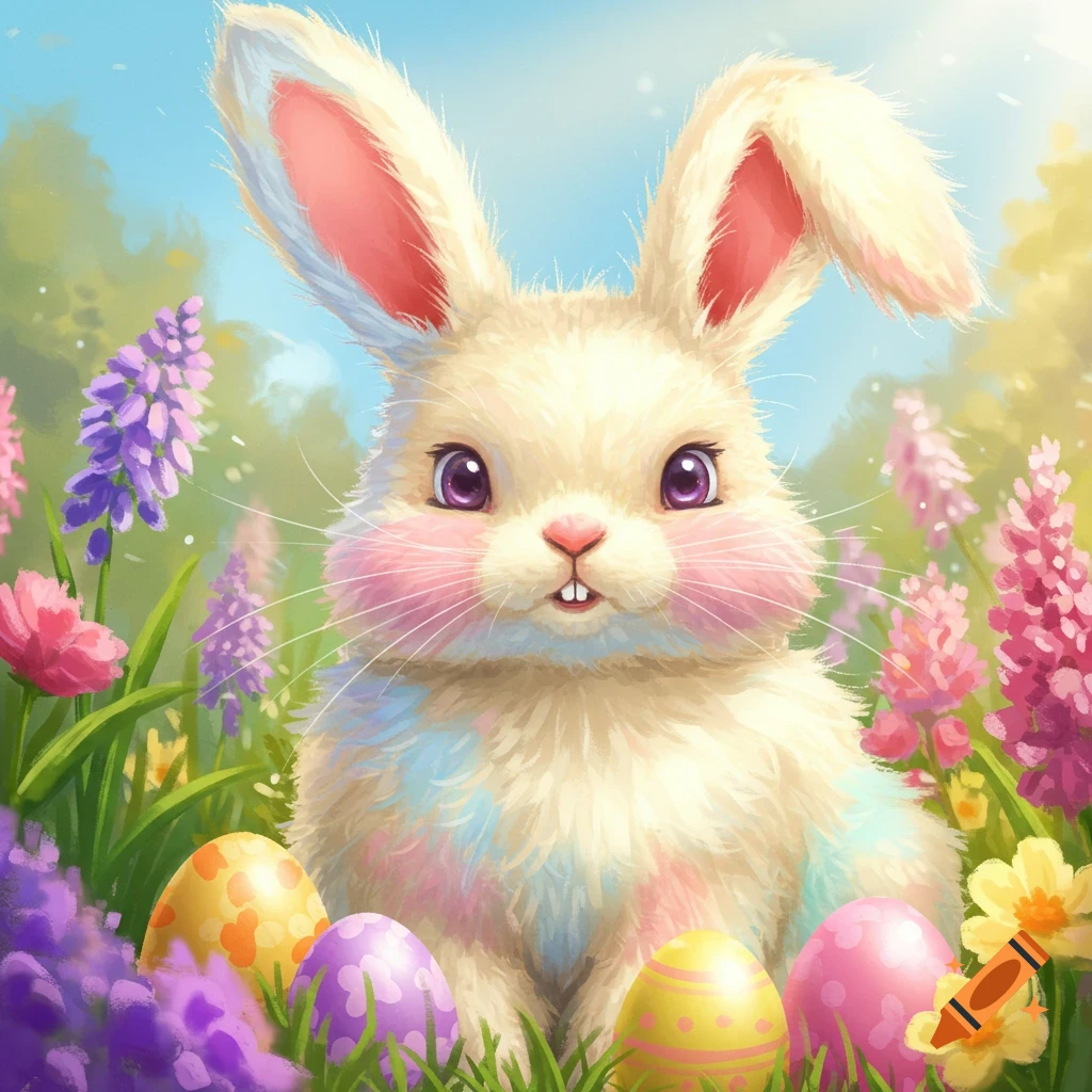 A fluffy white Easter bunny with pink cheeks sits among colorful Easter ...