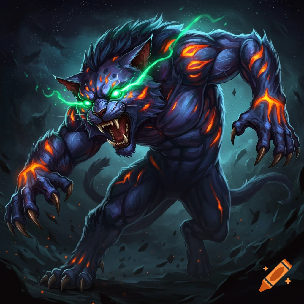 Illustrative monster cat with glowing green eyes and orange markings on ...