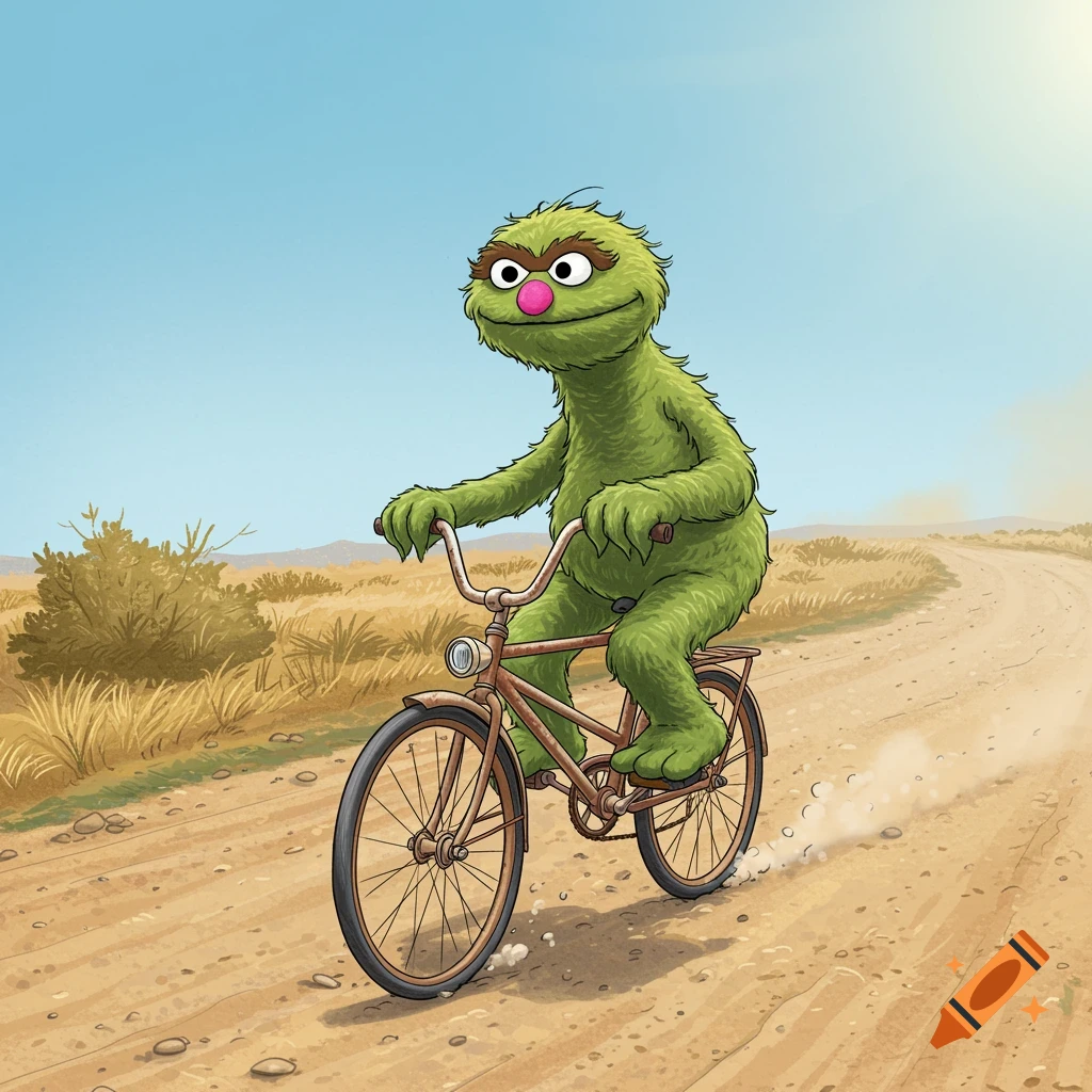 Oscar the Grouch rides a bicycle down a dirt road in a cartoon ...