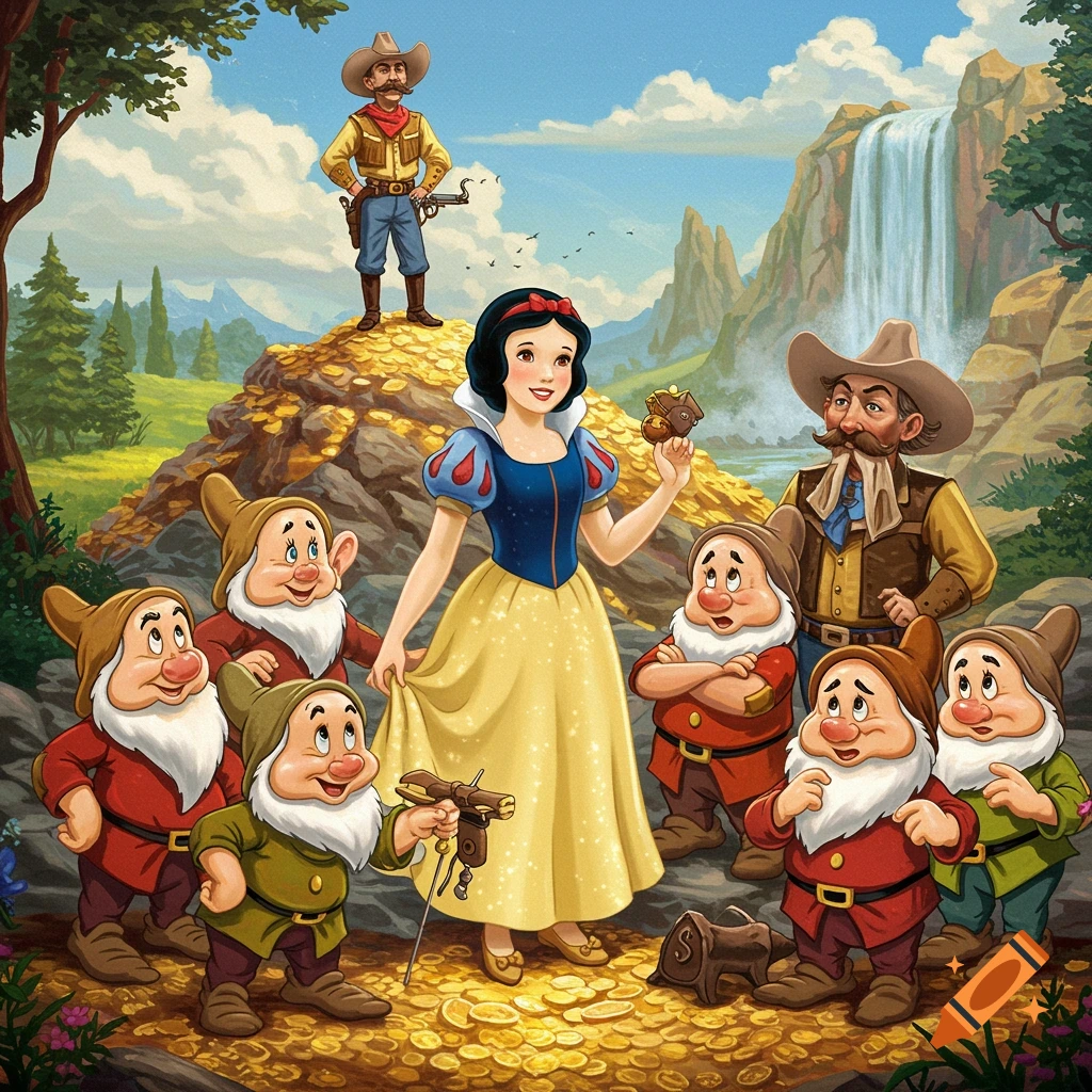 Snow White speaks with the seven dwarfs in a forest clearing ...