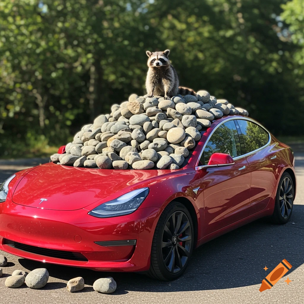 Red Tesla covered in stones with a raccoon on top on Craiyon