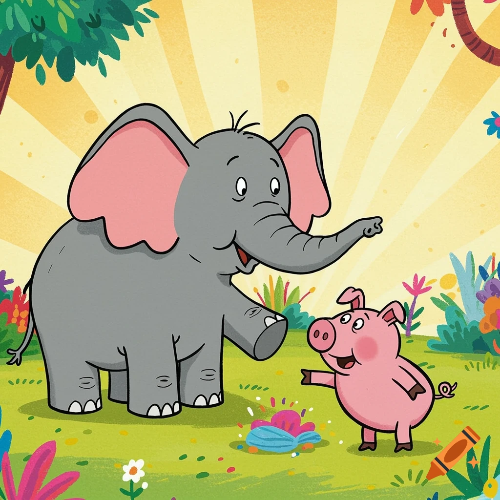 A cartoon illustration of an elephant and a pig standing in a grassy ...