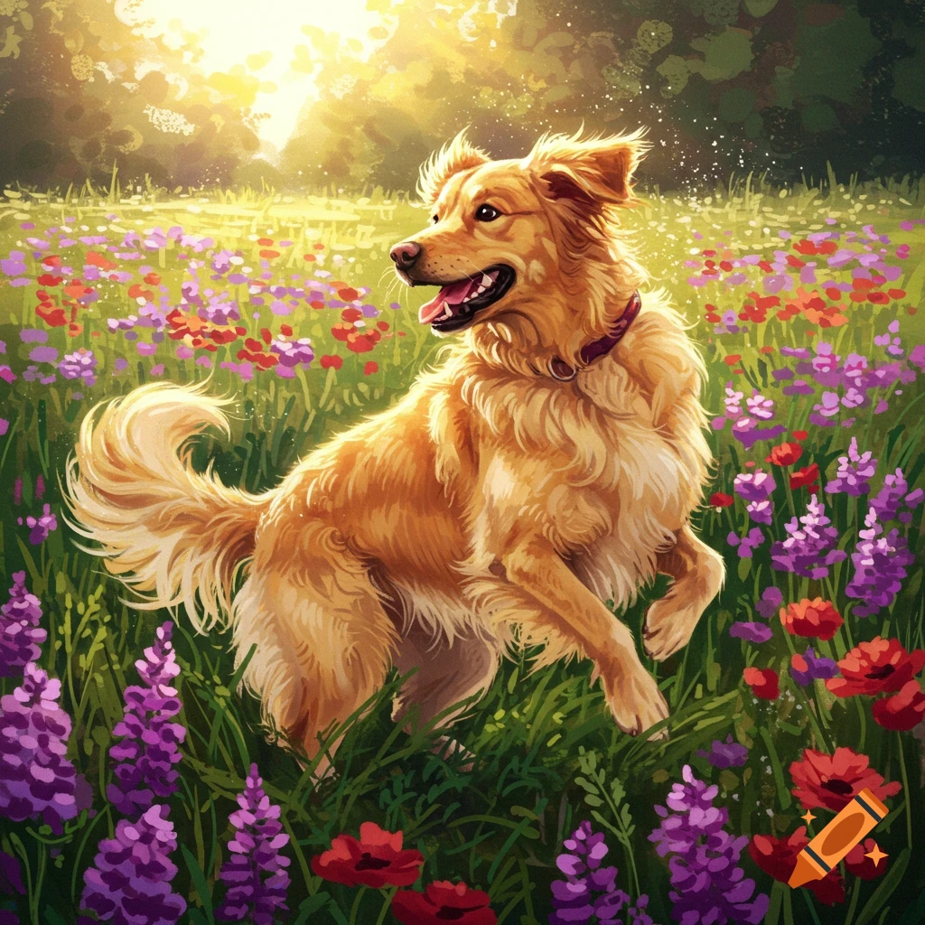 Golden dog jumping happily in a field of colorful wildflowers under a sunny sky. Illustration ...