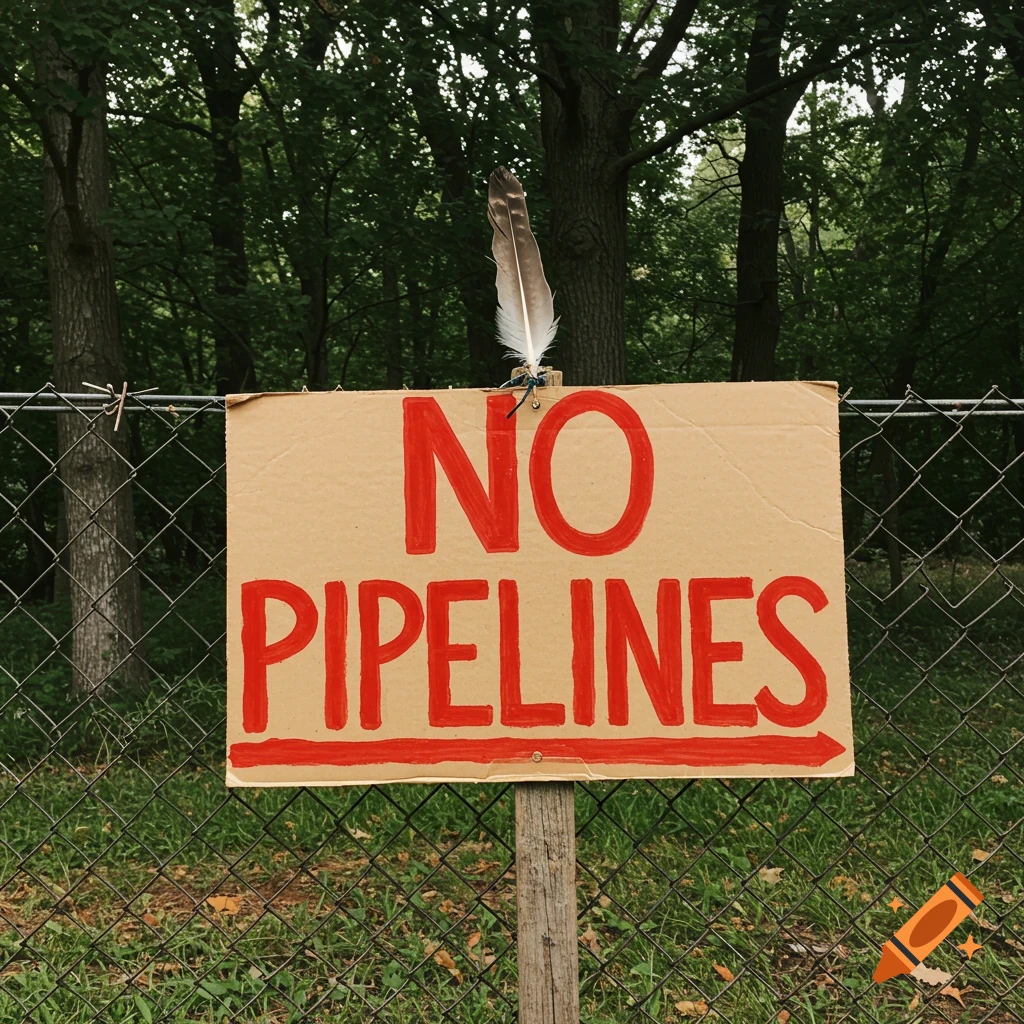 Handmade sign reading 'No Pipelines' on a fence, surrounded by trees ...