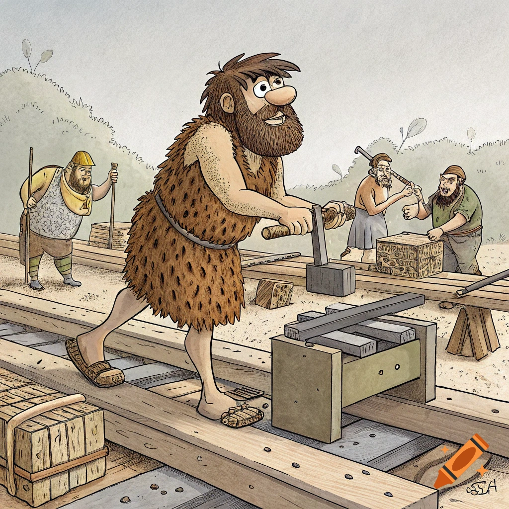 Geico Caveman on a woodworking press line on Craiyon