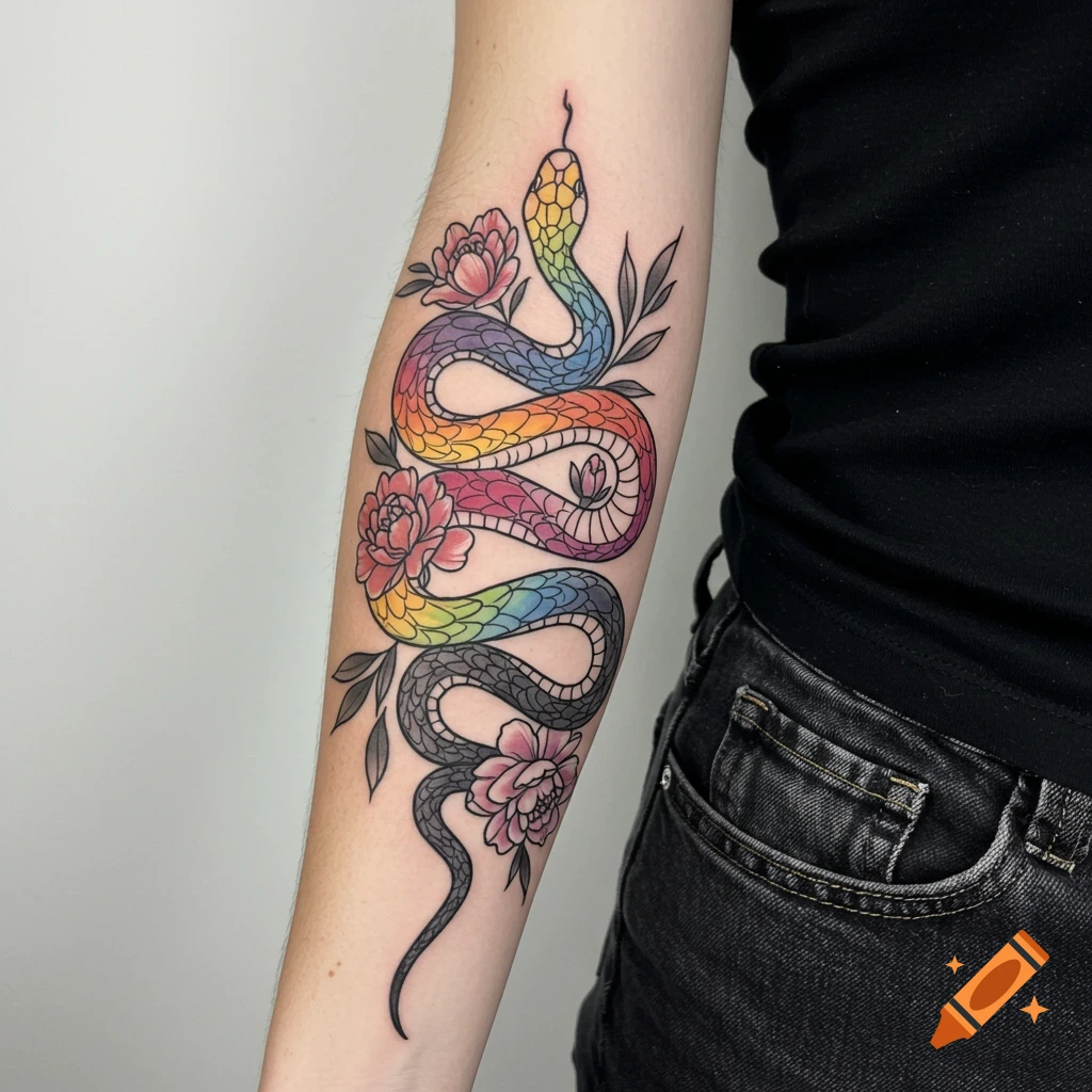 Tattoo of rainbow and black snakes with flowers on woman's arm on Craiyon