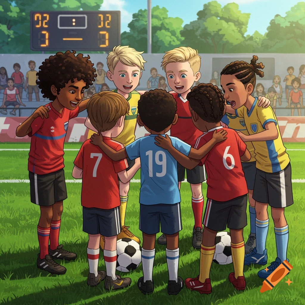 Cartoon illustration of a diverse group of boys in soccer uniforms ...