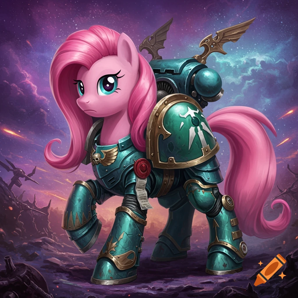 A pink pony wearing teal and gold futuristic armor stands on a rocky ...
