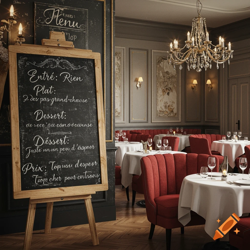 Fancy French restaurant interior with chalkboard menu on Craiyon