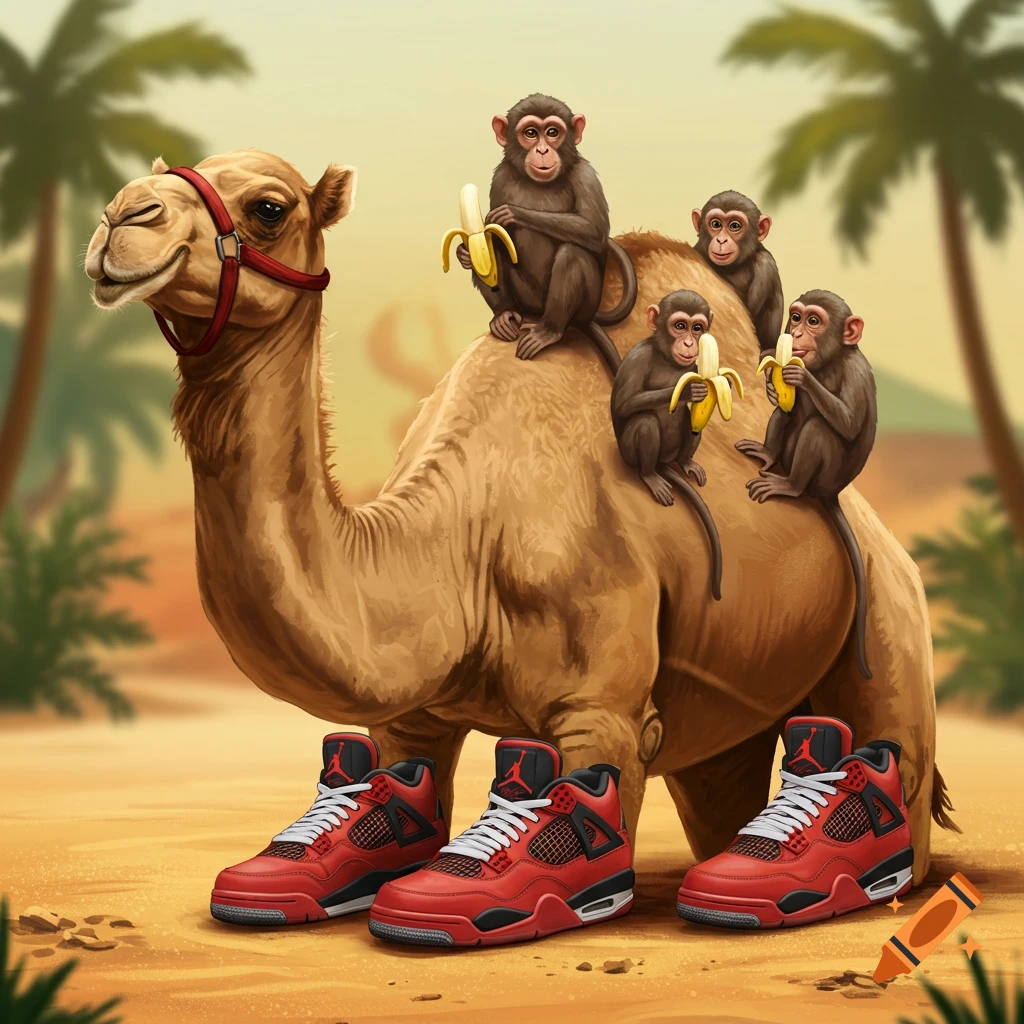 Camel with monkeys eating bananas wearing Jordan 4 Red Thunder sneakers ...