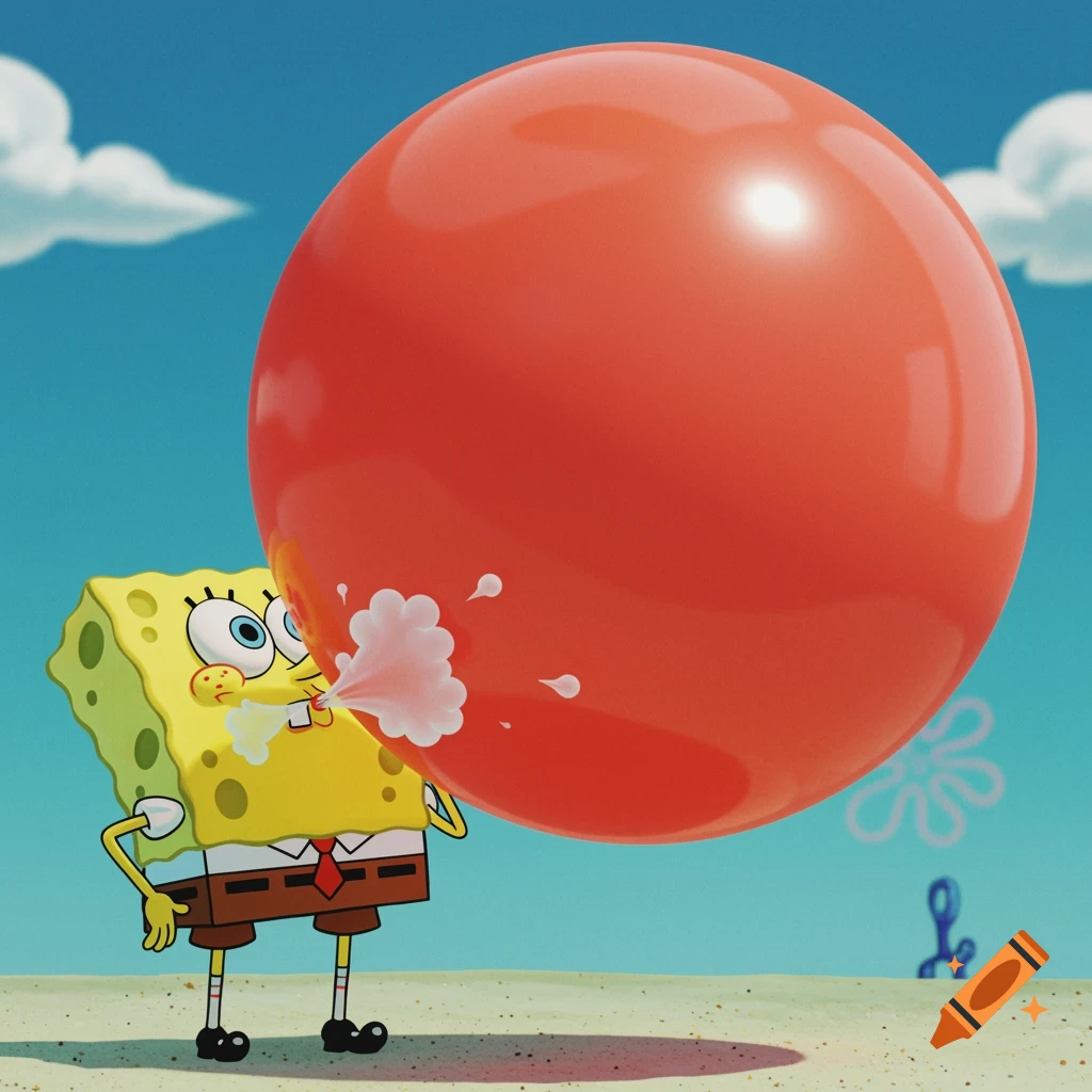 Spongebob Squarepants blowing up a large red balloon on Craiyon