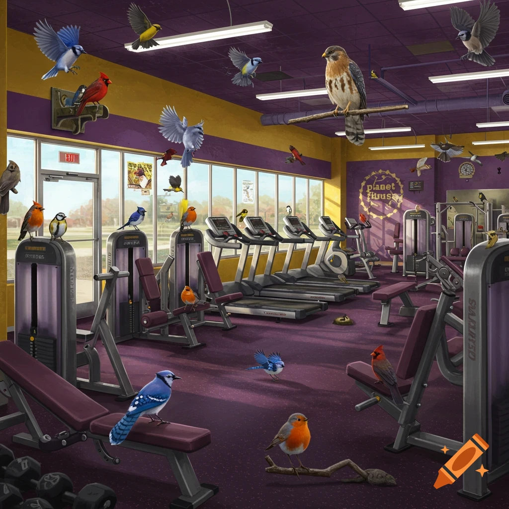 A large number of diverse bird species fill a gym with exercise ...