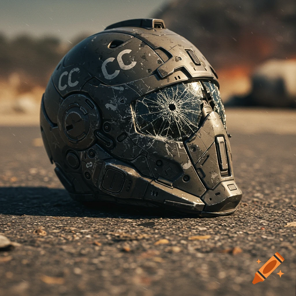 Helldivers 2 helmet with broken visor and 'CC' on faceplate on Craiyon