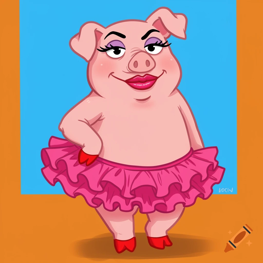 A sassy cartoon pig wearing a pink tutu, red shoes, and makeup. on Craiyon