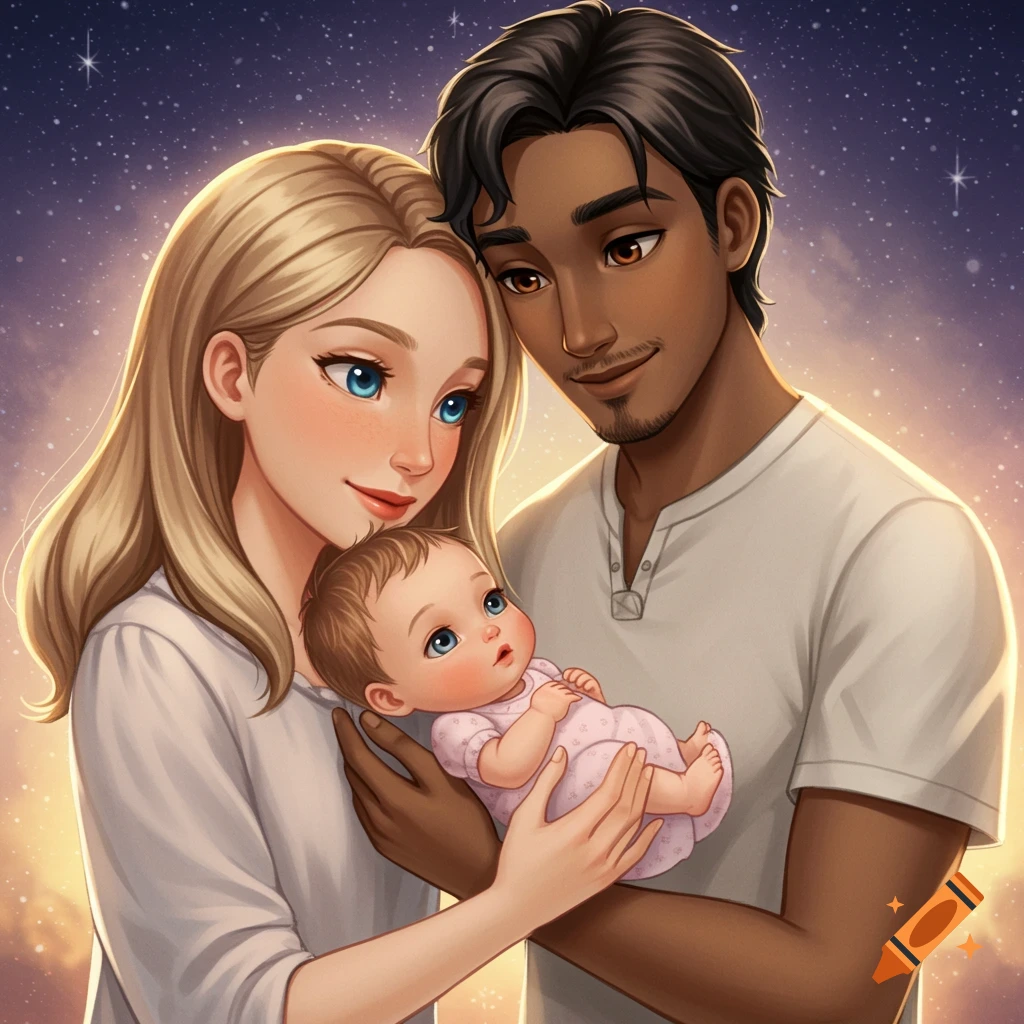 Pixar-style illustration of parents holding their baby under a starry ...