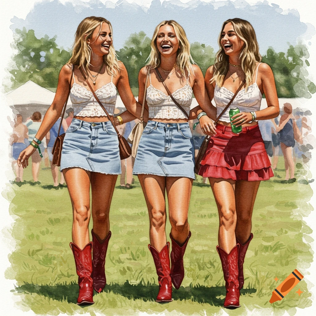 Three young women in short skirts and red cowboy boots walk and laugh ...