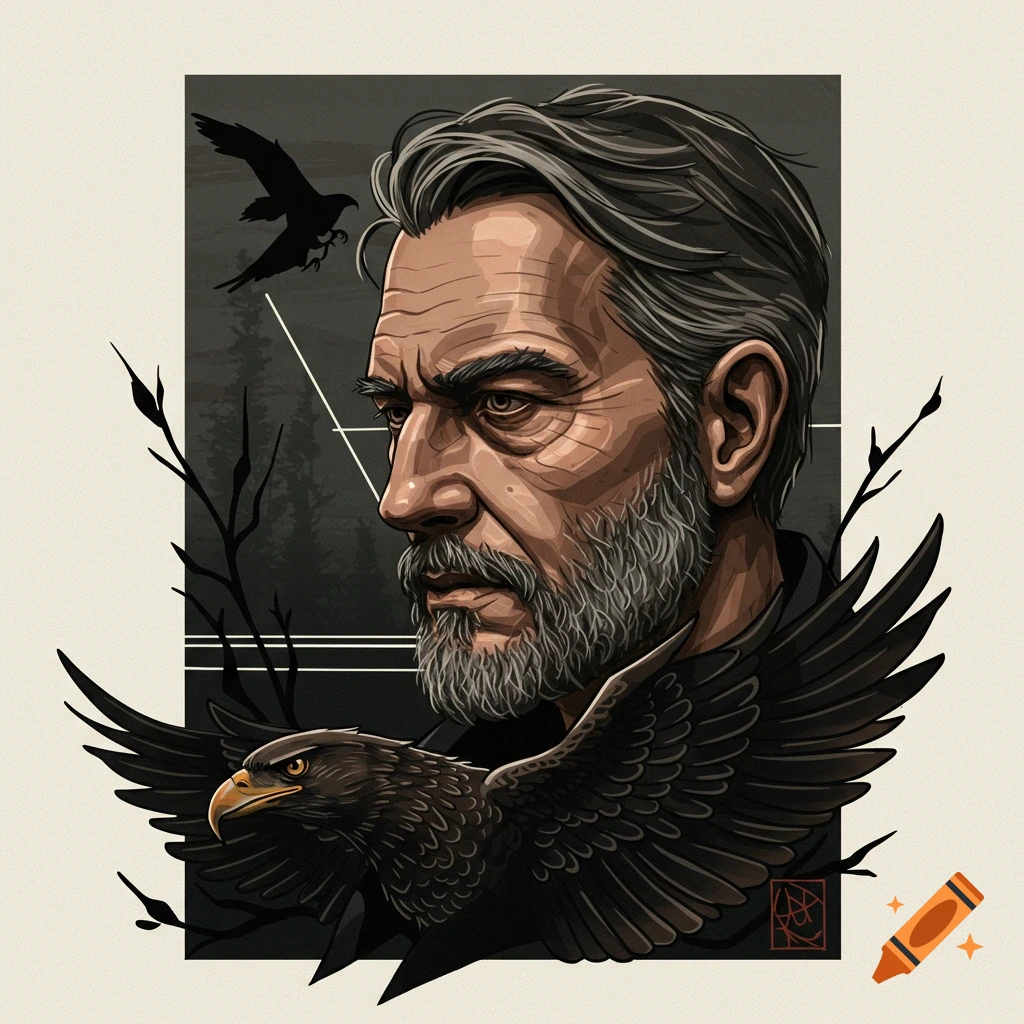 Profile illustration of an older man with a beard, an eagle, and a ...
