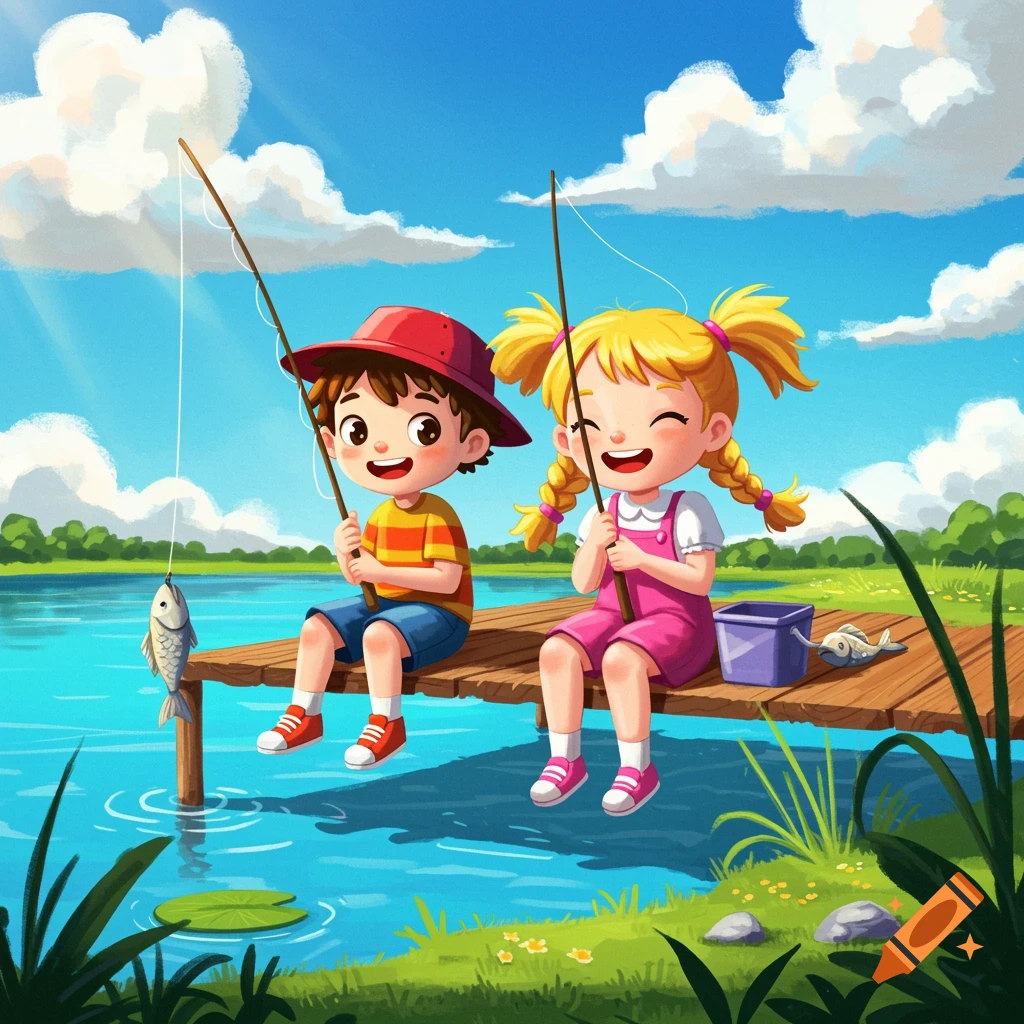 Boy and girl fishing happily on Craiyon