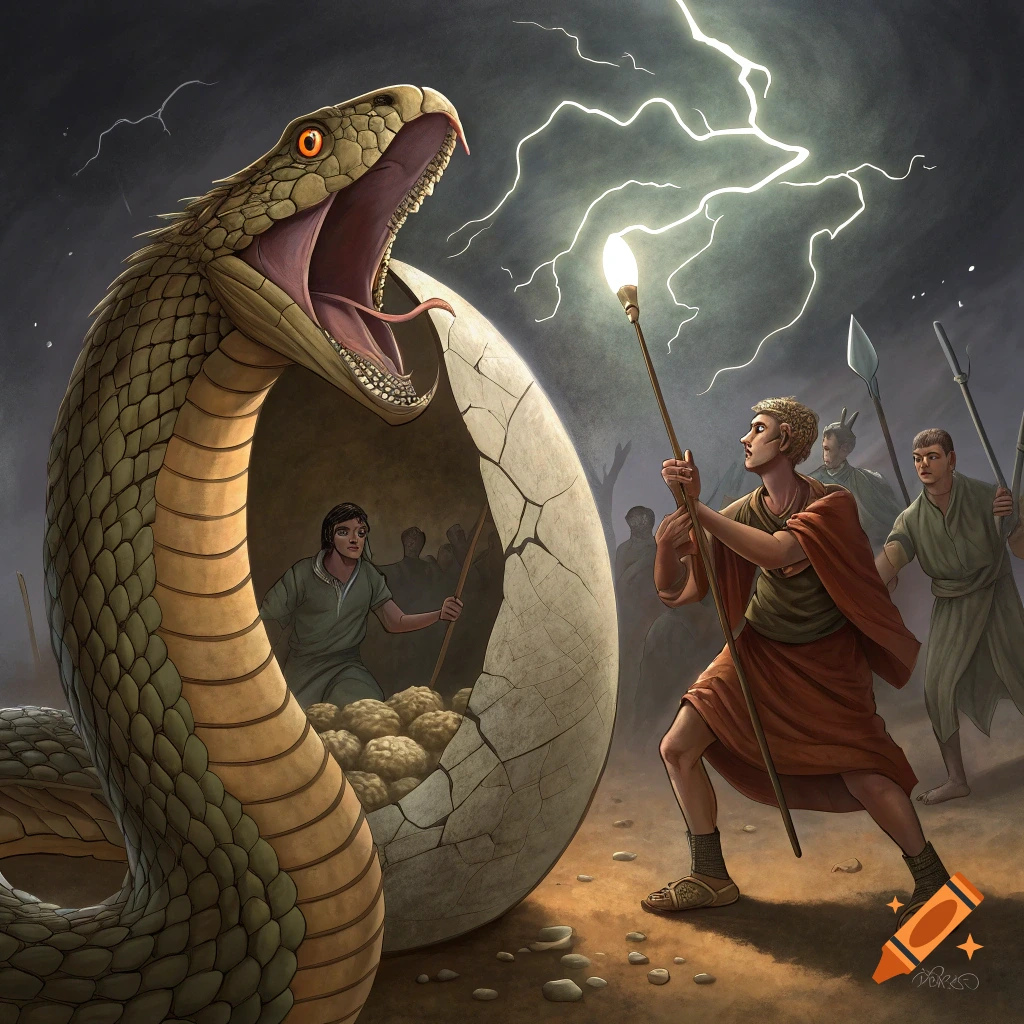 A giant snake with open mouth faces a man with a torch and soldiers ...