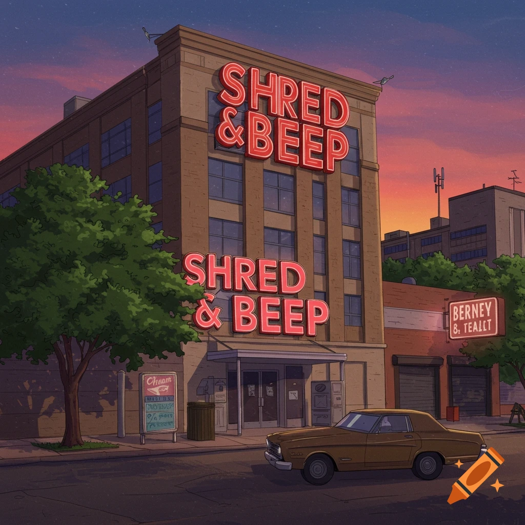 Cartoon illustration of a building with neon 'SHRED & BEEP' signs, a ...