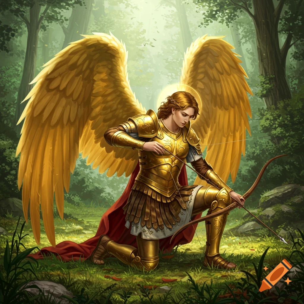 An archangel in golden armor kneels in a forest, holding a bow and ...