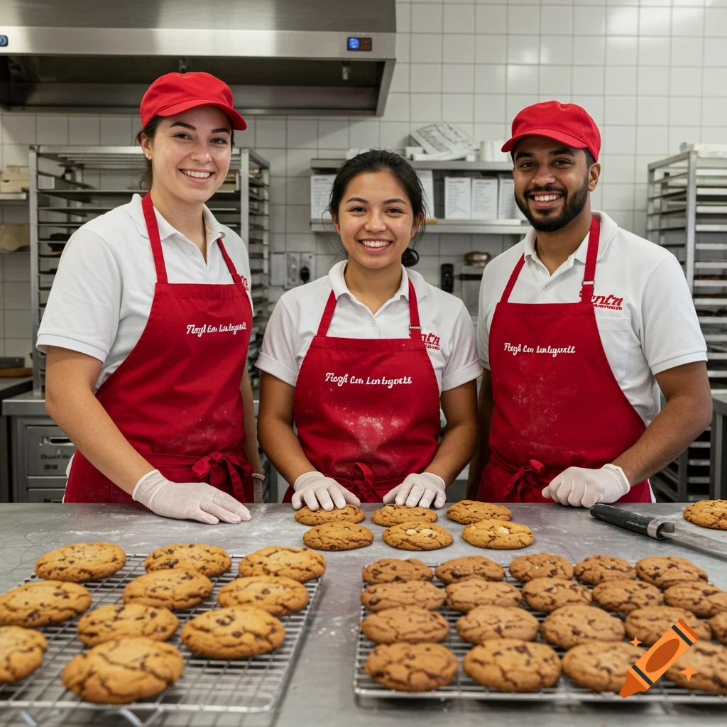 Three smiling bakery workers in red aprons stand behind a table full of ...