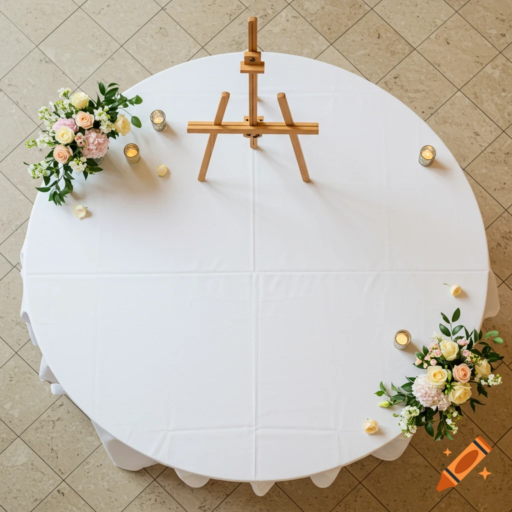 Overhead view of a wedding reception table with a wooden guest book on ...