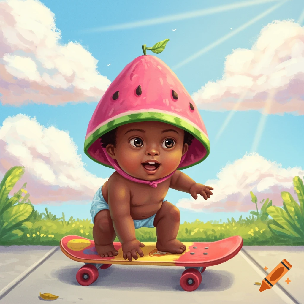 Black Down syndrome baby with a watermelon hat skateboarding on Craiyon
