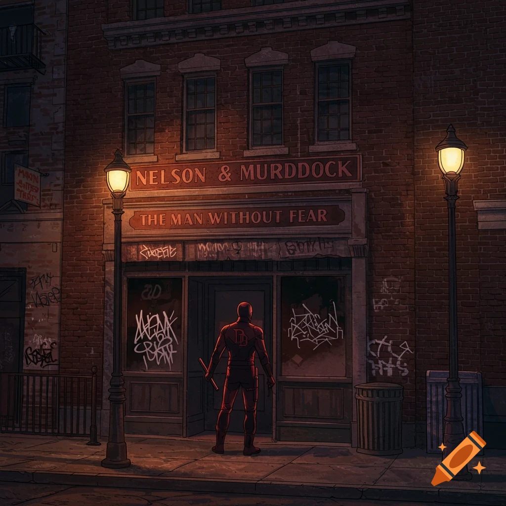 Daredevil stands on a city street outside the Nelson & Murdock law ...