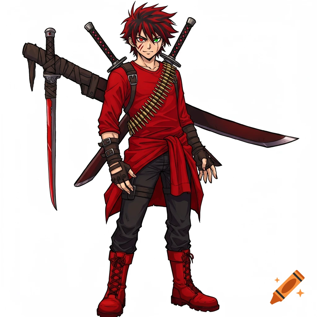 Anime character with red and black hair, mismatched eyes, and swords ...