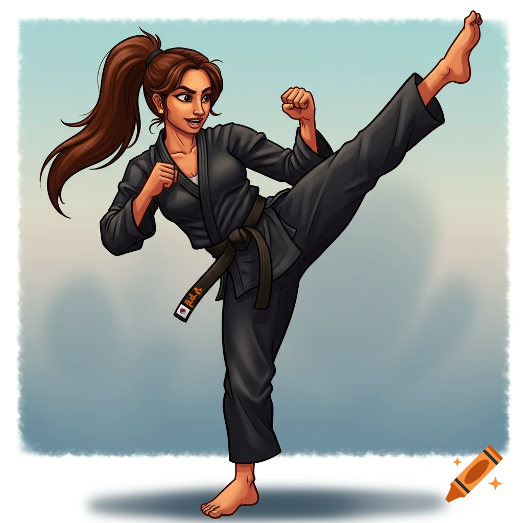 Indian woman in karate gi performing a high kick on Craiyon