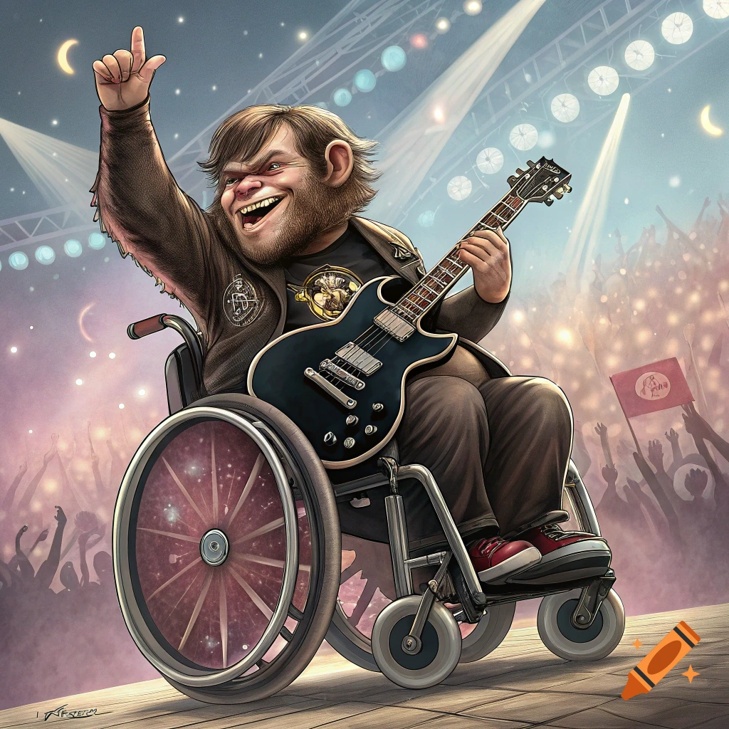 Cartoon illustration of a musician in a wheelchair playing electric ...
