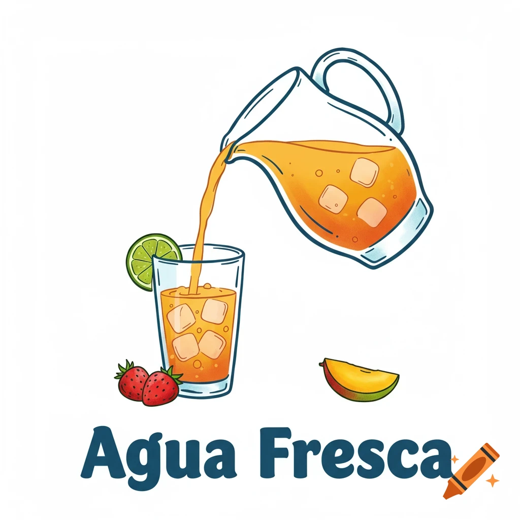 Illustration of a pitcher pouring Agua Fresca into a glass with ice ...