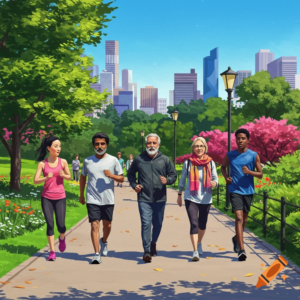 Diverse group of cartoon people running in a walkathon, some holding ...