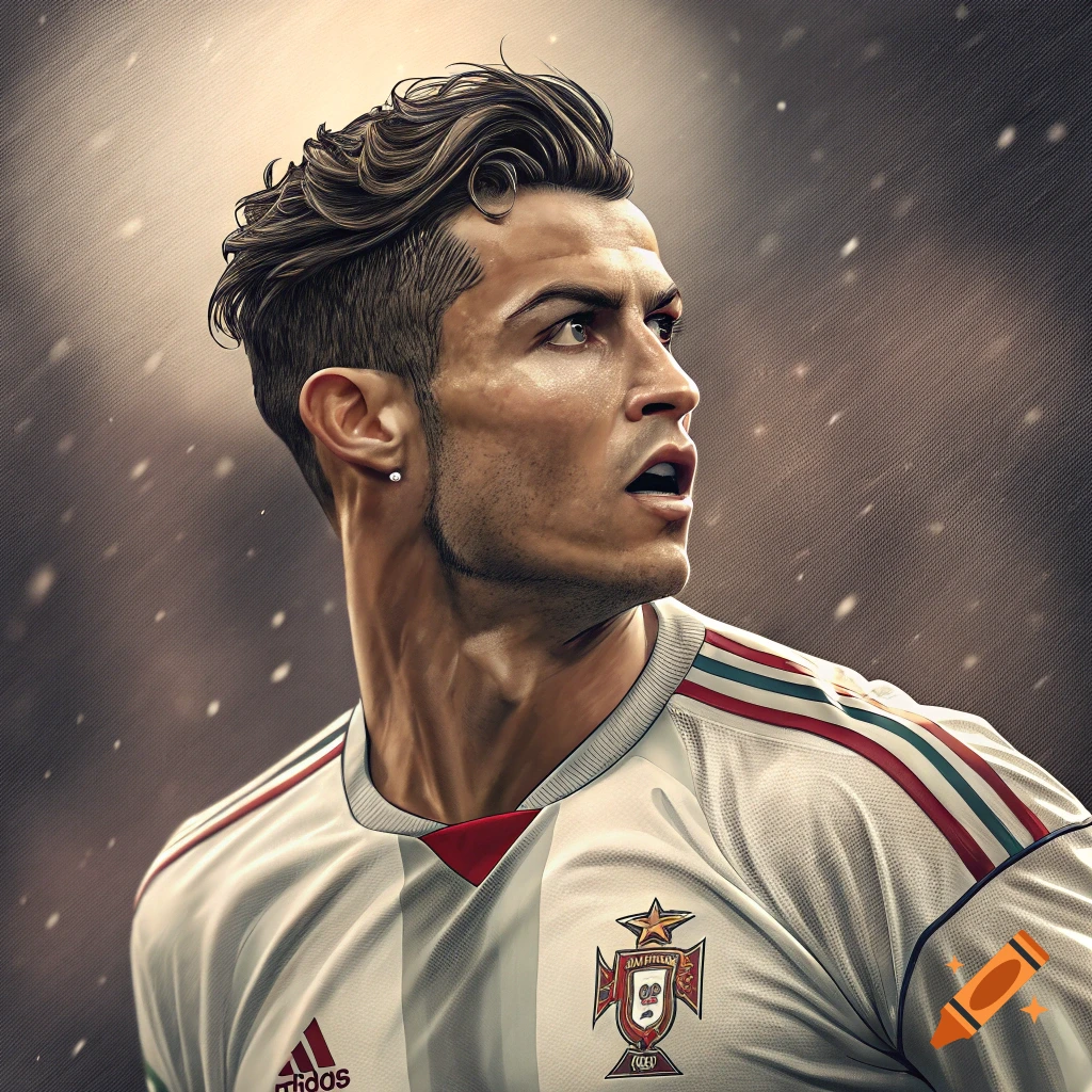 Stylized portrait of footballer Cristiano Ronaldo in a white and red jersey, shouting. on Craiyon