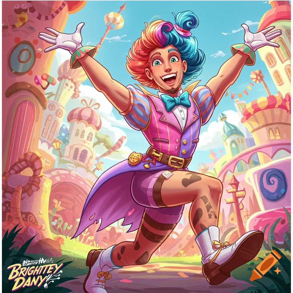 Colorful character celebrates in a vibrant candy world illustration. on ...