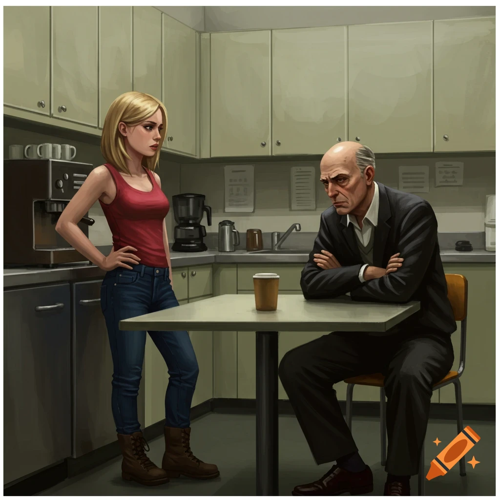 Illustrated scene of a woman standing over an older man sitting at a ...