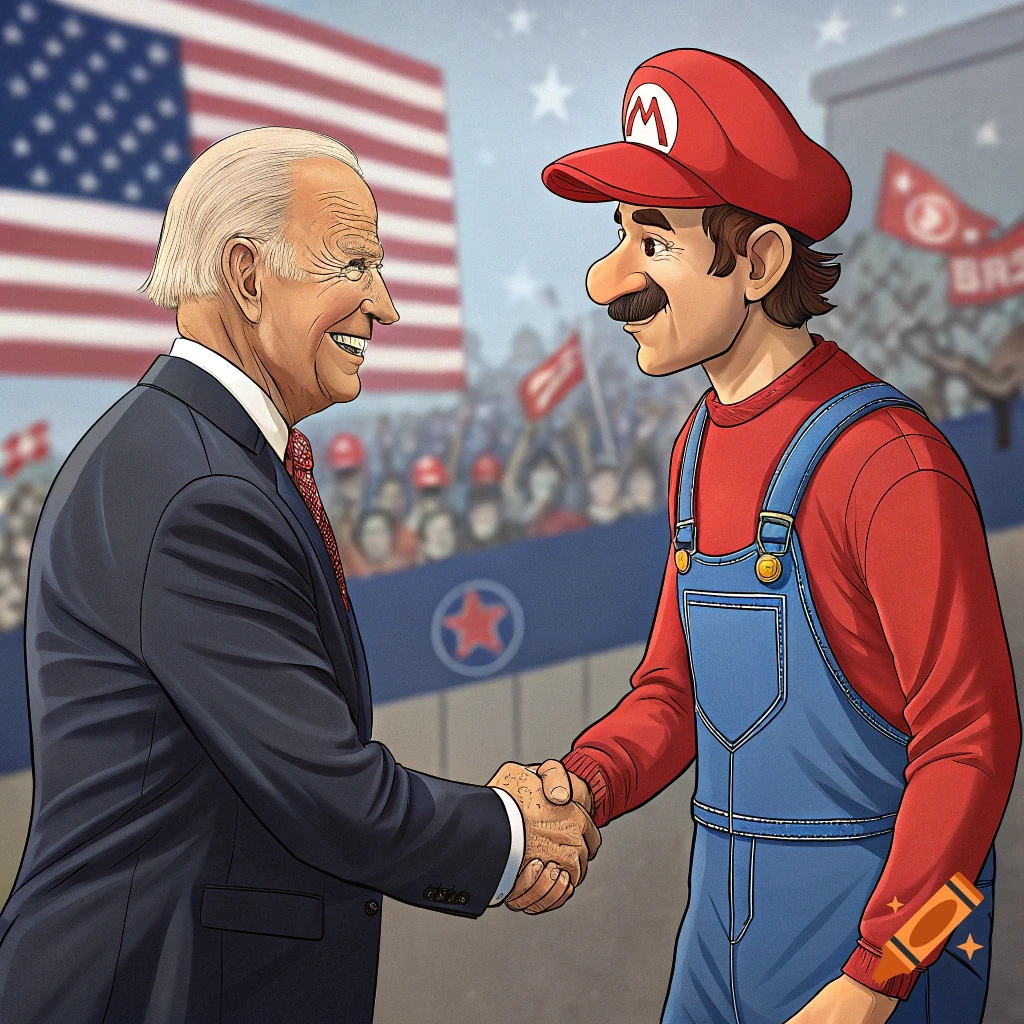 Illustration of Joe Biden shaking hands with Mario in front of an ...