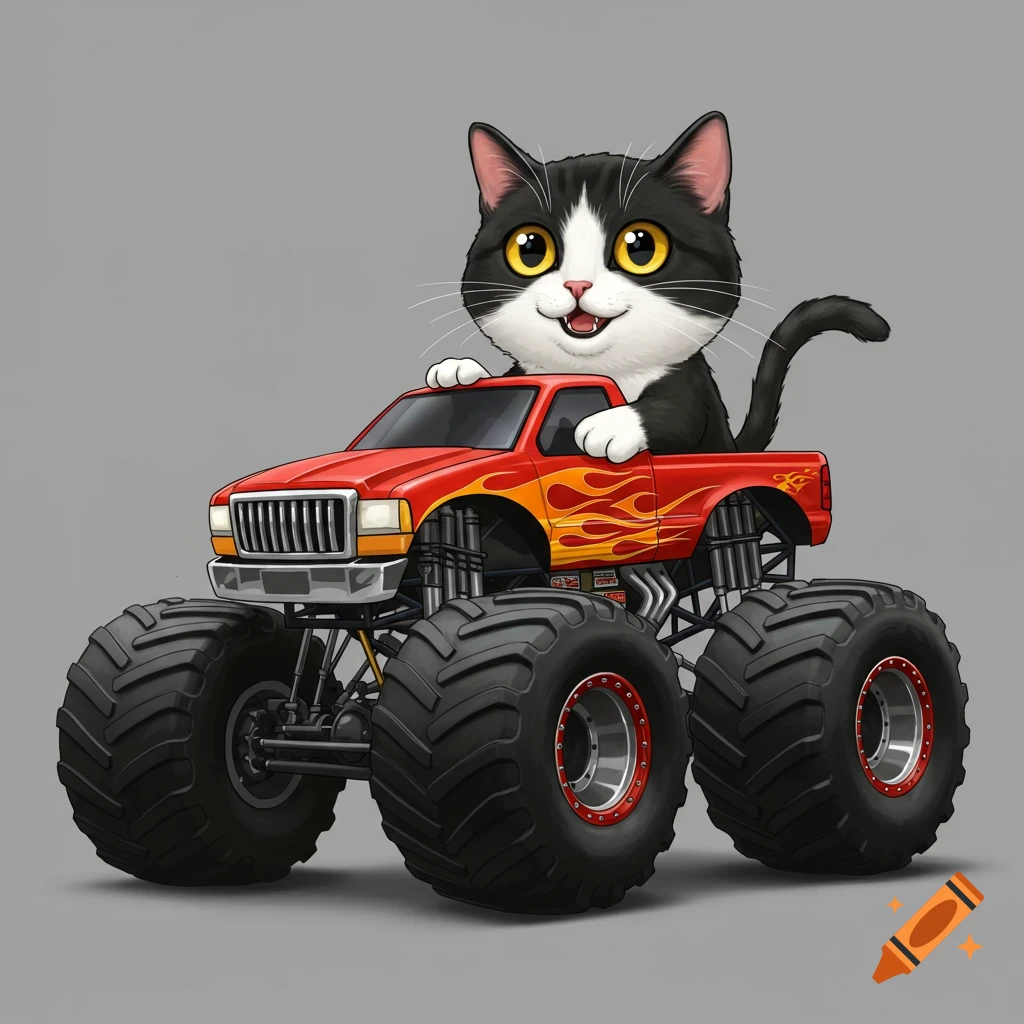 Cartoon illustration of a black and white cat driving a red monster ...