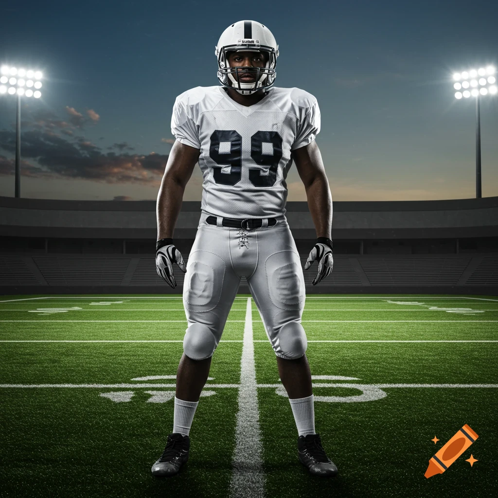 A football player wearing a white jersey with the number 99 stands on a ...