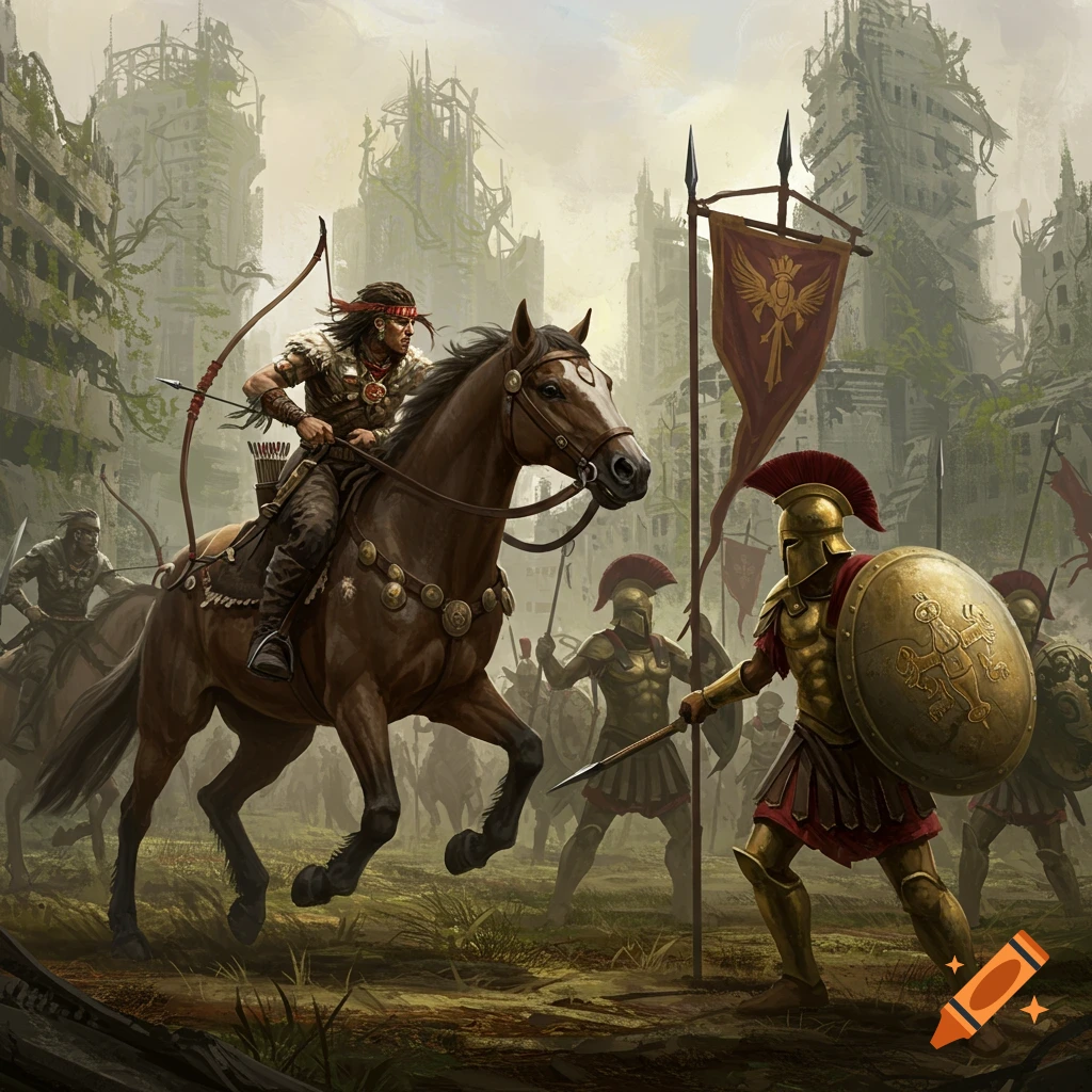 Battle scene between horse warriors and Greek-inspired soldiers in a ...