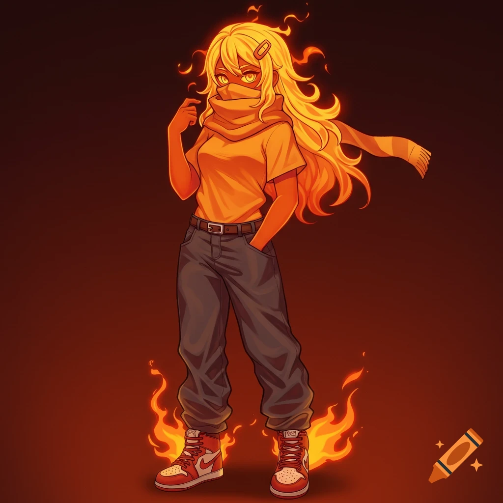 Anime girl made of fire with scarf and mask on Craiyon