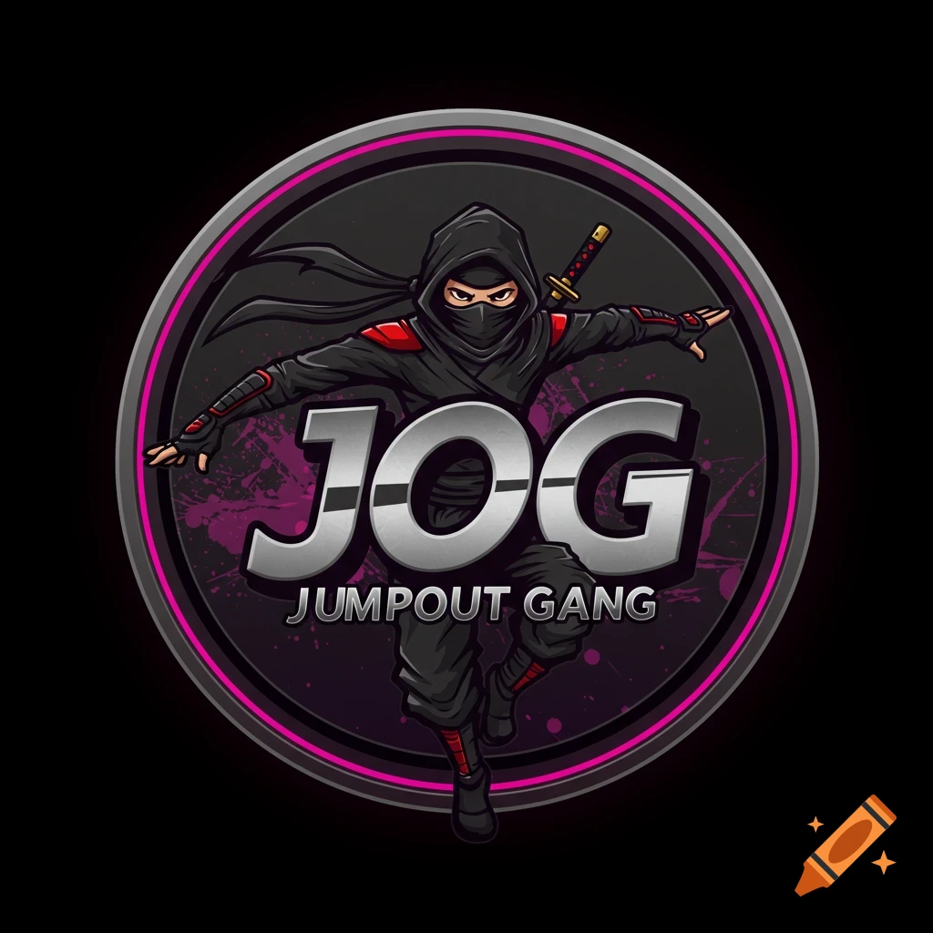 Logo of a ninja jumping in a circle with the text 'JOG JUMPOUT GANG ...