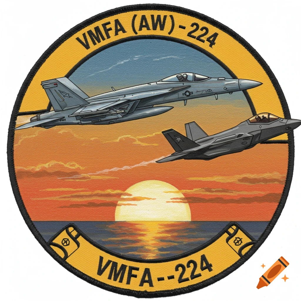 USMC patch with bengal tiger theme, F18 and F35 aircraft, "VMFA (AW ...