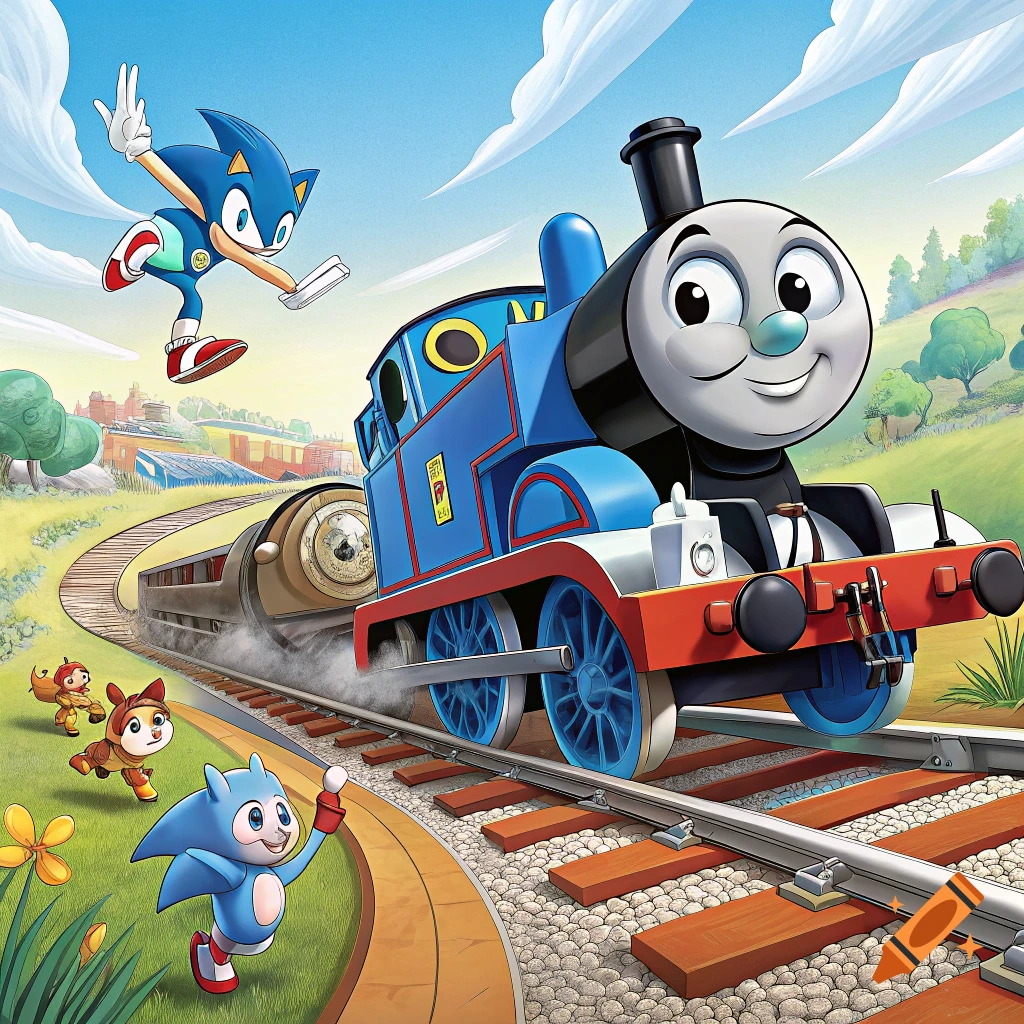 A colorful illustration of Thomas the Tank Engine on train tracks in a grassy landscape with ...