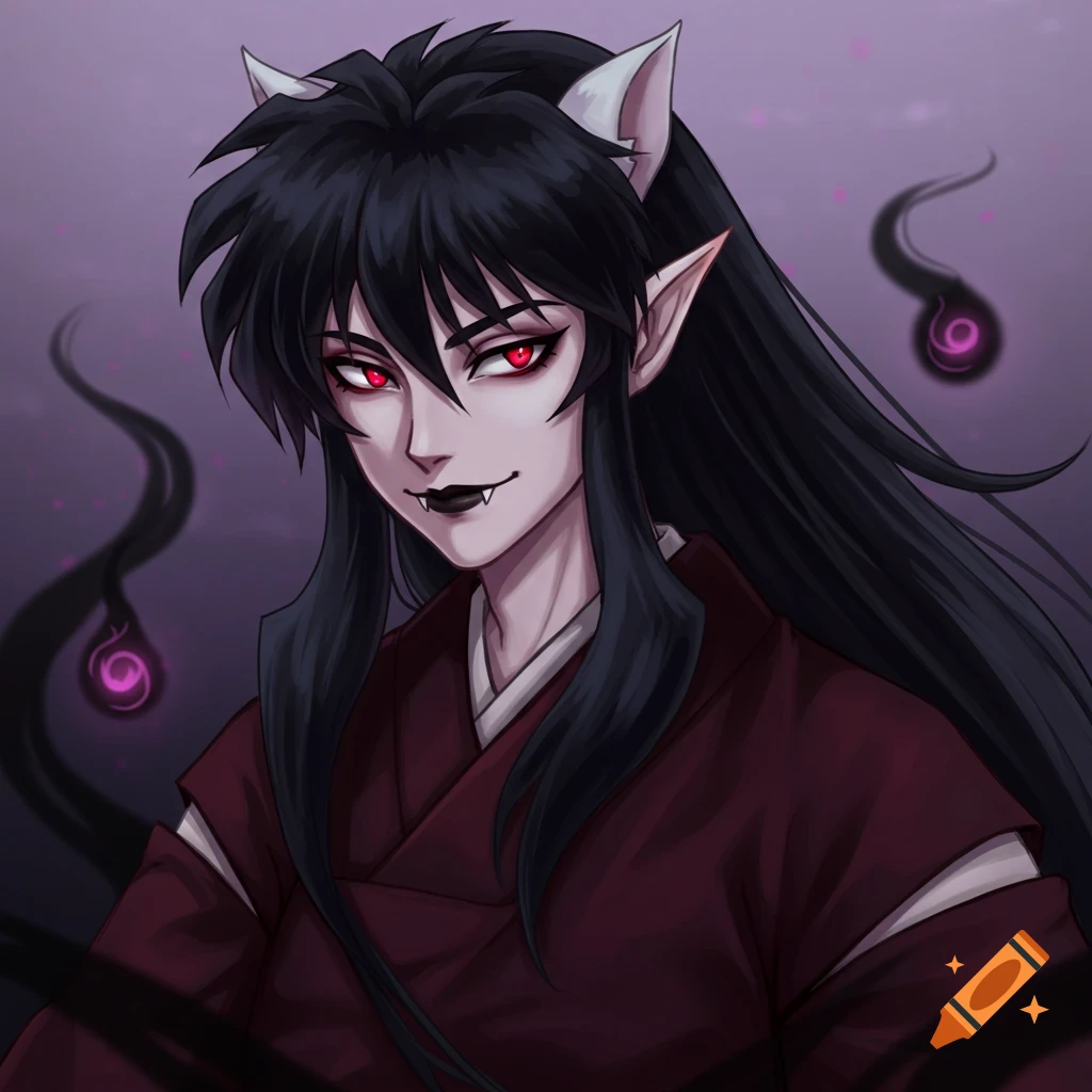 Anime-style portrait of a male character with long black hair, cat ears ...
