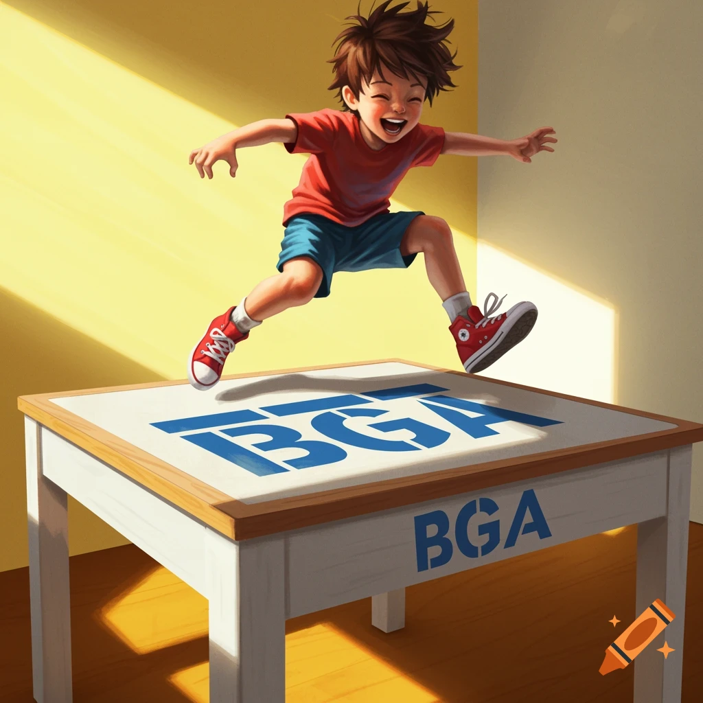 Stylized illustration of a child jumping on a table with text on it on ...